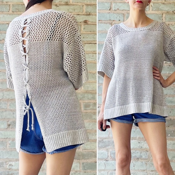 easel | Sweaters | Easel Spring Sweater Oversized Grey Lace Up Open ...
